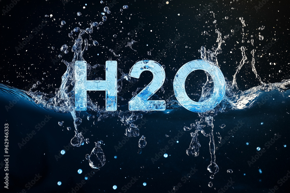 Visualize "H2O" paired with a striking water splash to represent the ...