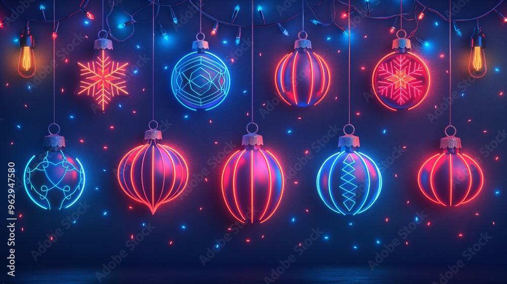 Neon Christmas ornaments, including stars and baubles, glowing in ...