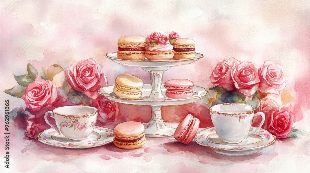 Watercolor illustration of British afternoon tea,tea break in the ...