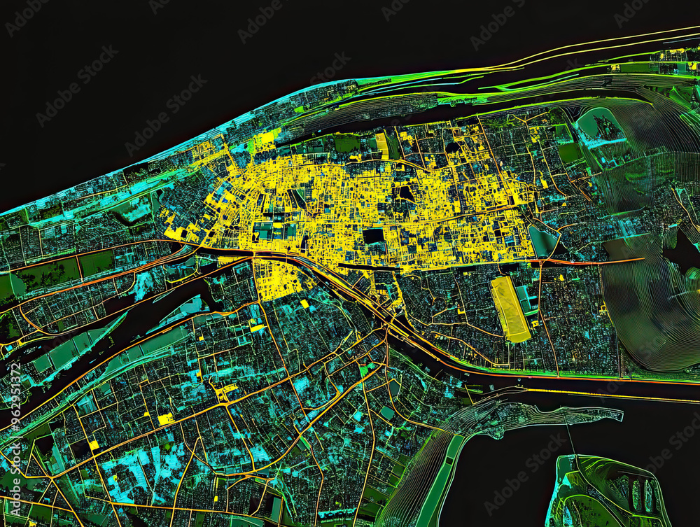 Technical aerial visual, 3D LiDAR GIS aerial map satellite scan model ...