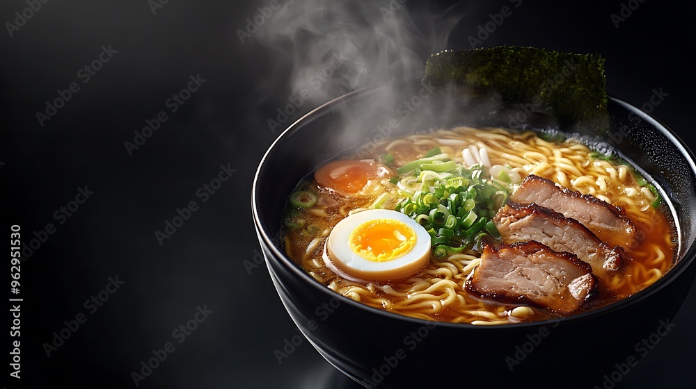 A high-definition image of a traditional Japanese ramen bowl, filled ...