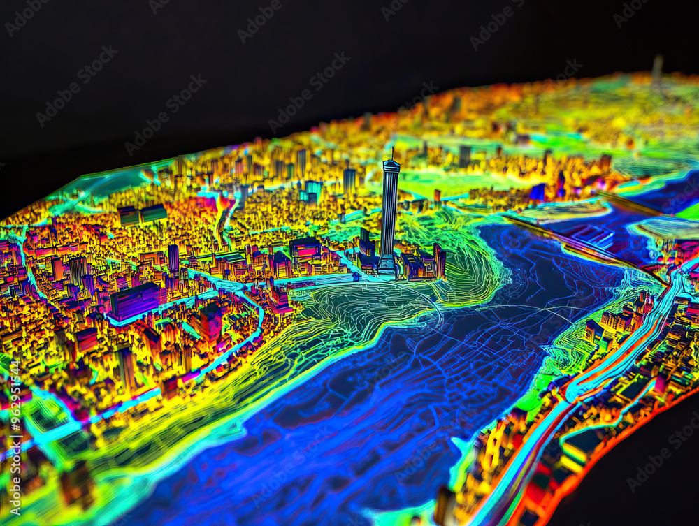 Technical aerial visual, 3D LiDAR GIS aerial map satellite scan model ...