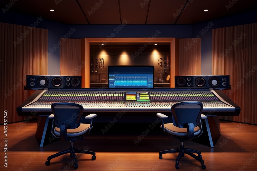 Modern recording studio interior with professional mixing console and ...
