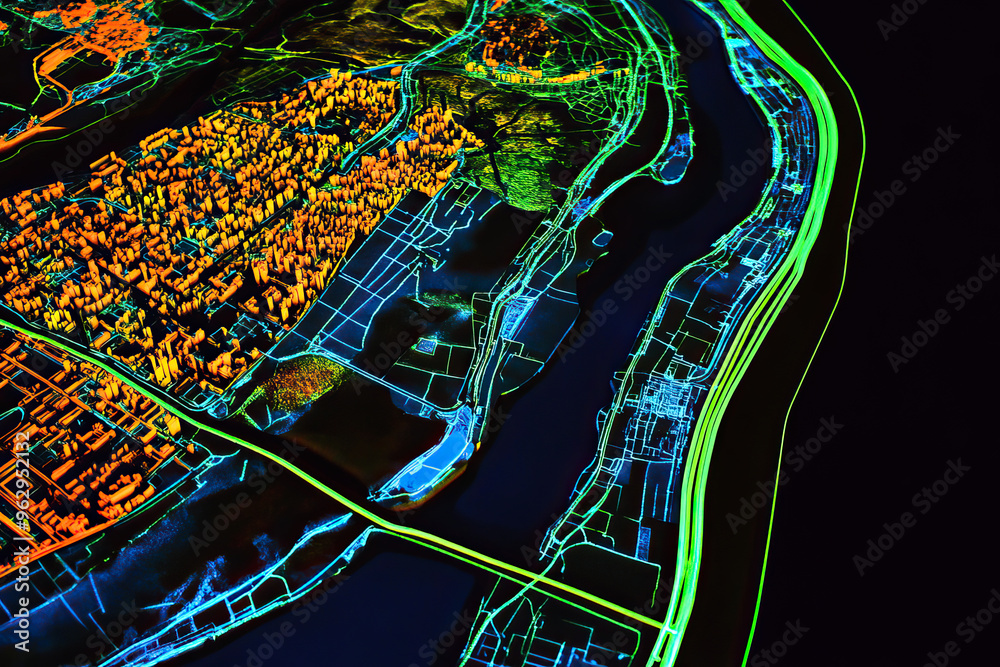 Technical aerial visual, 3D LiDAR GIS aerial map satellite scan model ...