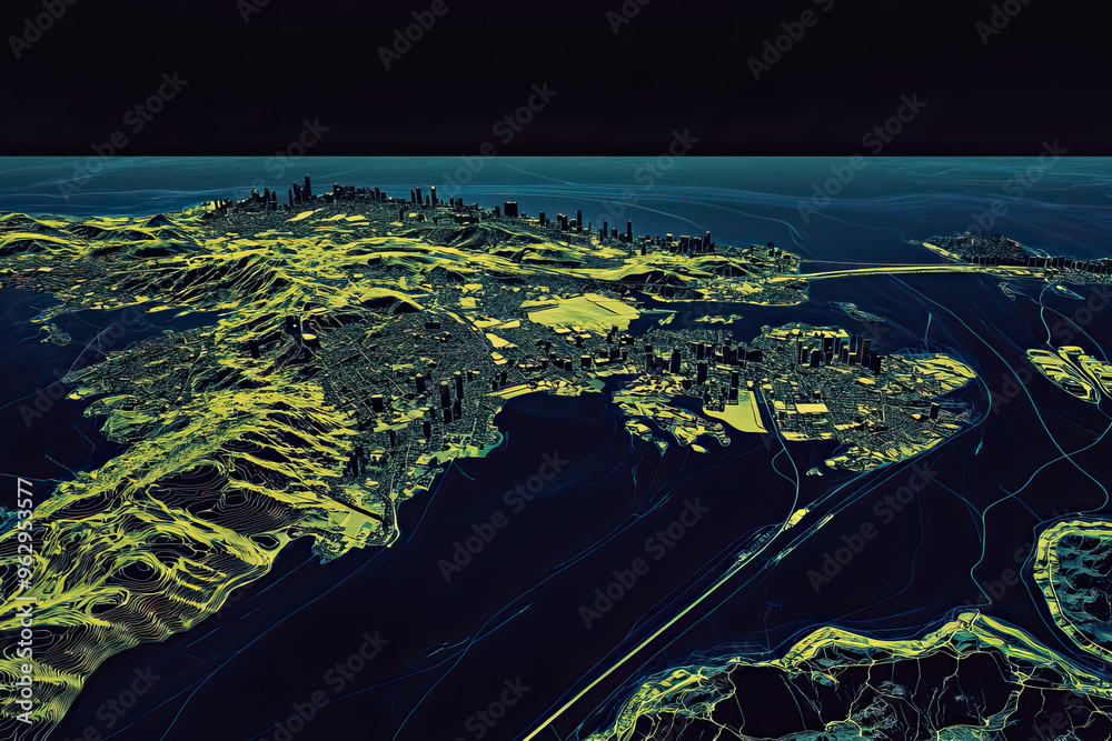 Technical aerial visual, 3D LiDAR GIS aerial map satellite scan model ...