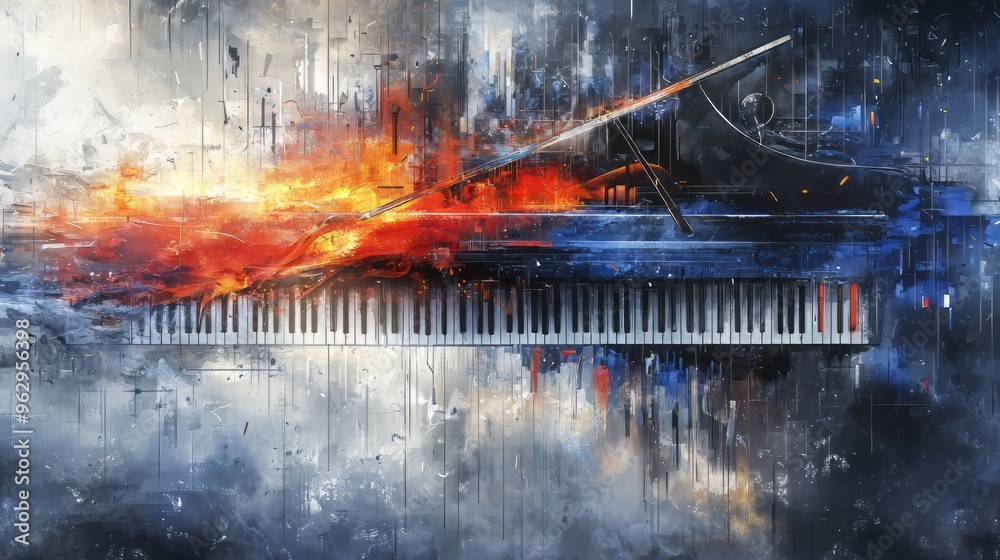 Abstract digital illustration of a grand piano with intense flames ...