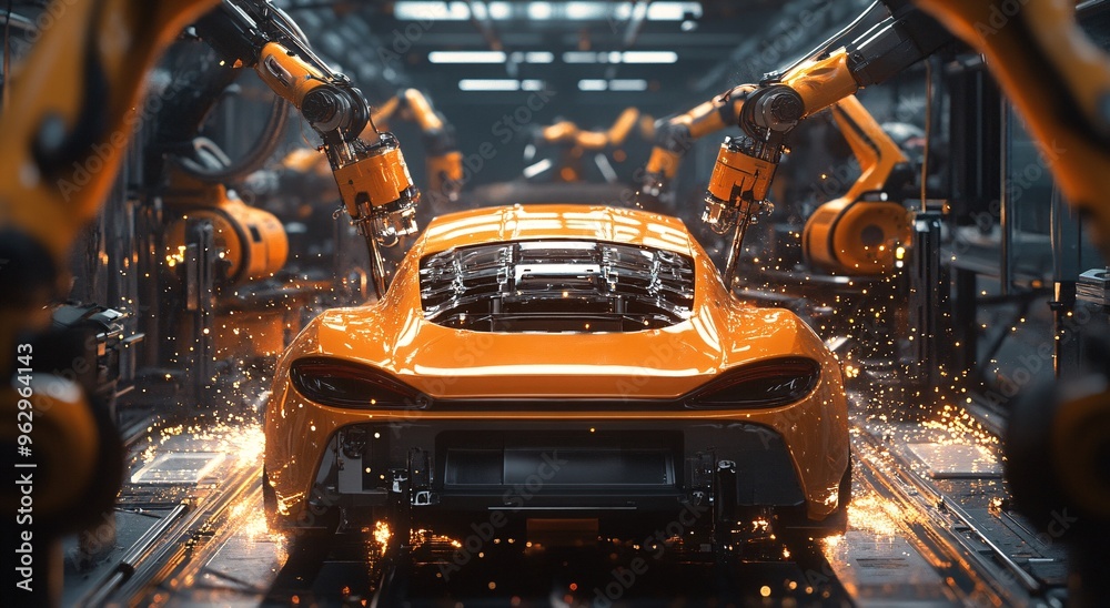 Robotic arms assembling a bright orange car in a modern automotive ...