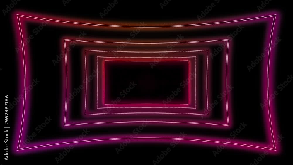 Purple pink neon rectangles frame border zooming flying forward through ...