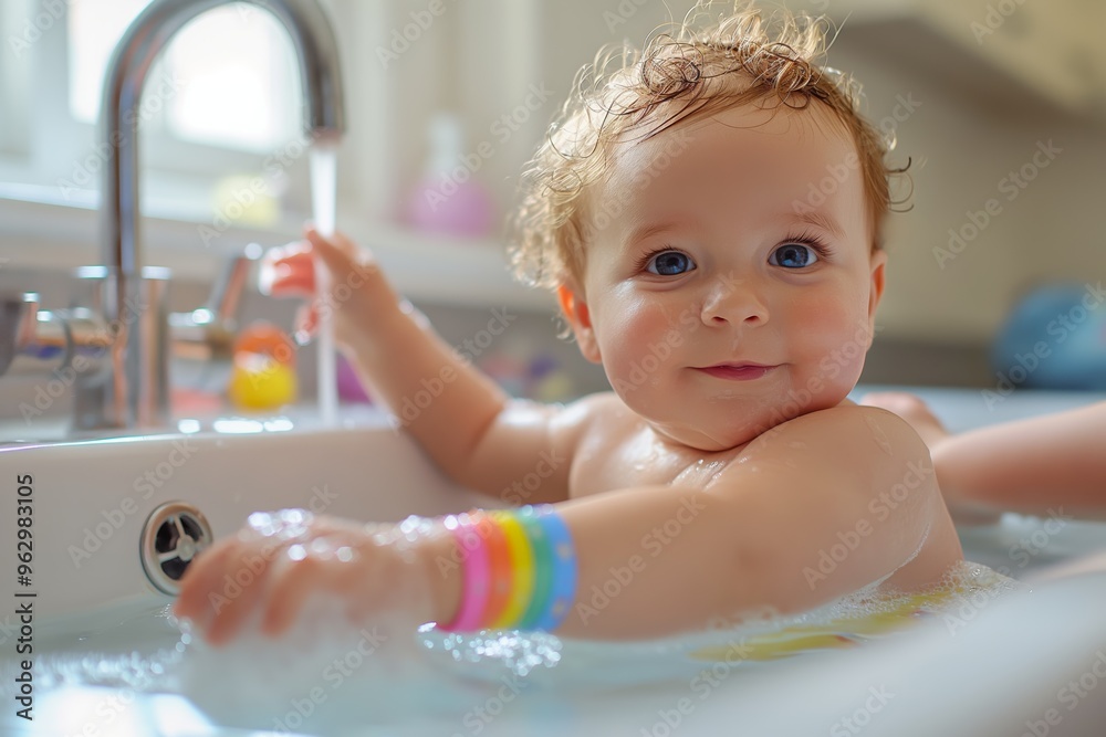 Baby bathing in kitchen sink. Adorable baby with curly hair playing ...