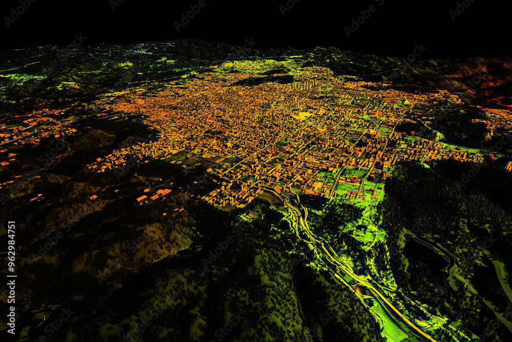 Technical aerial visual, 3D LiDAR GIS aerial map satellite scan model ...
