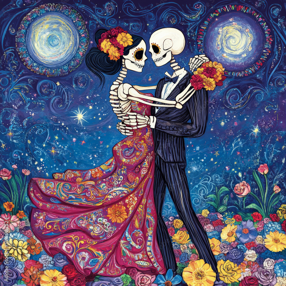 Skeletal couple in tango pose with flowers - Floral Shadows Days Of The ...
