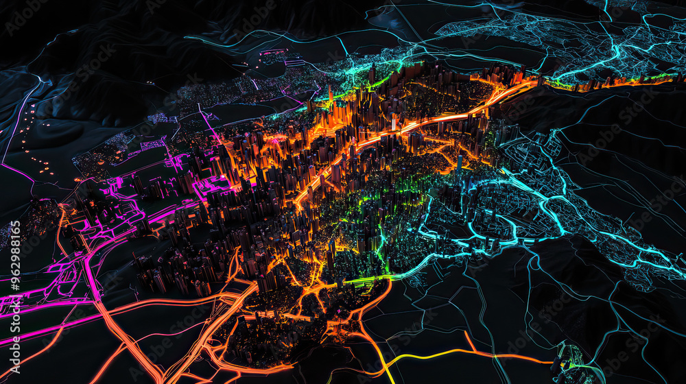 Technical aerial visual, 3D LiDAR GIS aerial map satellite scan model ...
