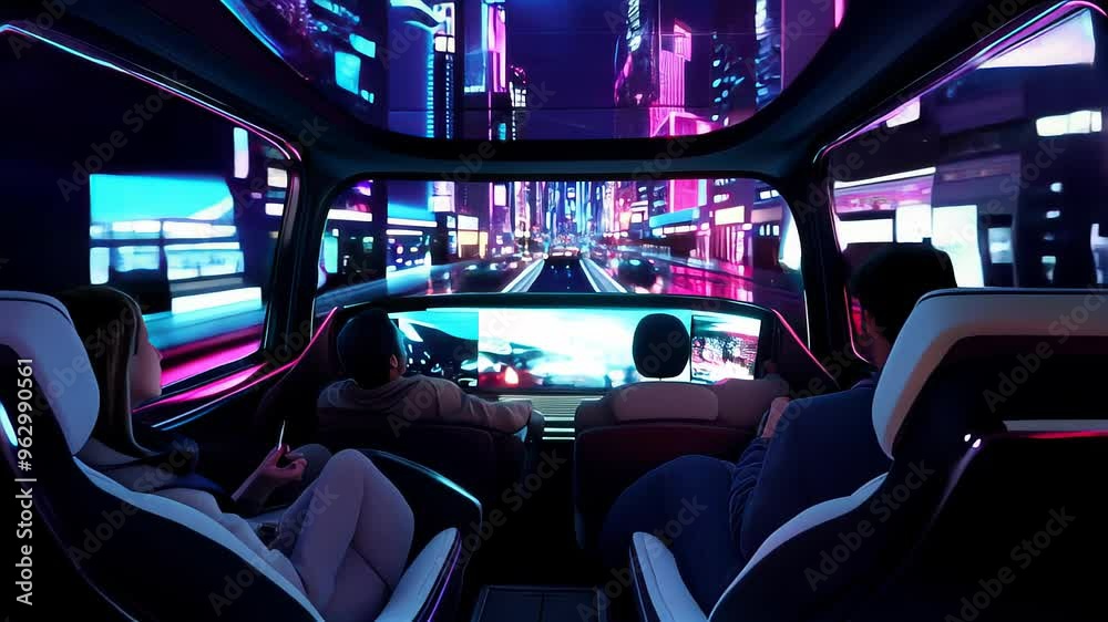 Futuristic self-driving vehicle with immersive neon-lit cityscape view ...
