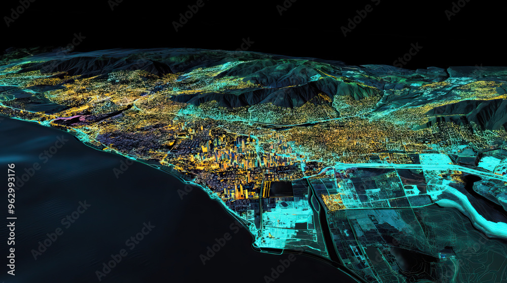Technical aerial visual, 3D LiDAR GIS aerial map satellite scan model ...