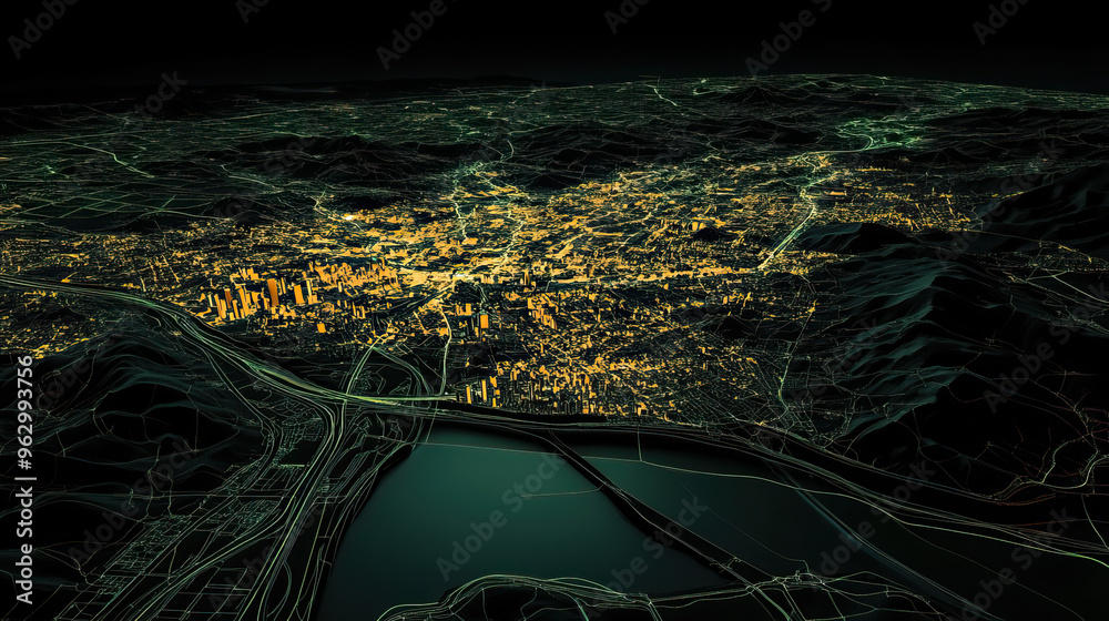 Technical aerial visual, 3D LiDAR GIS aerial map satellite scan model ...
