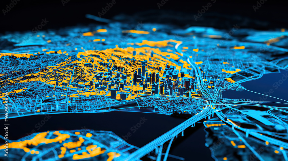 Technical aerial visual, 3D LiDAR GIS aerial map satellite scan model ...