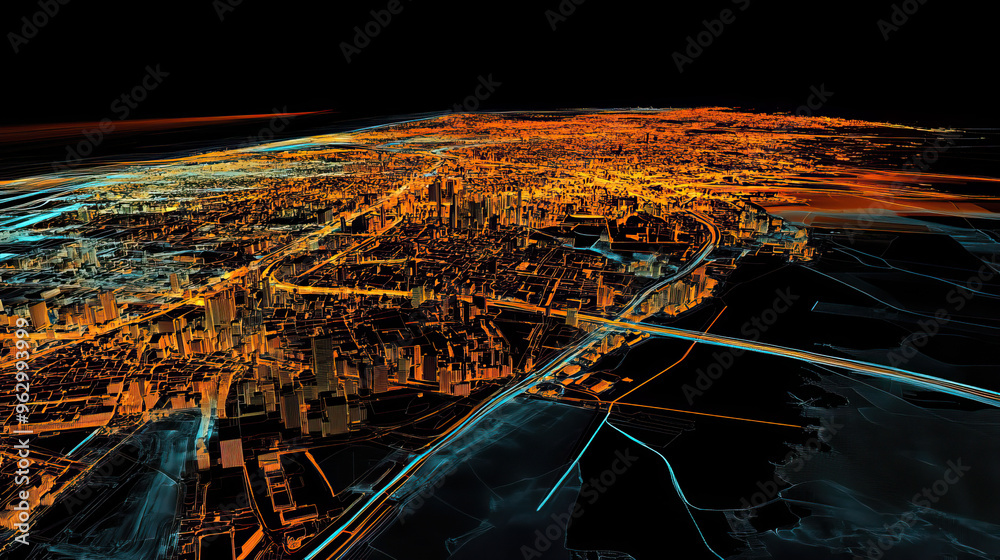 Technical aerial visual, 3D LiDAR GIS aerial map satellite scan model ...