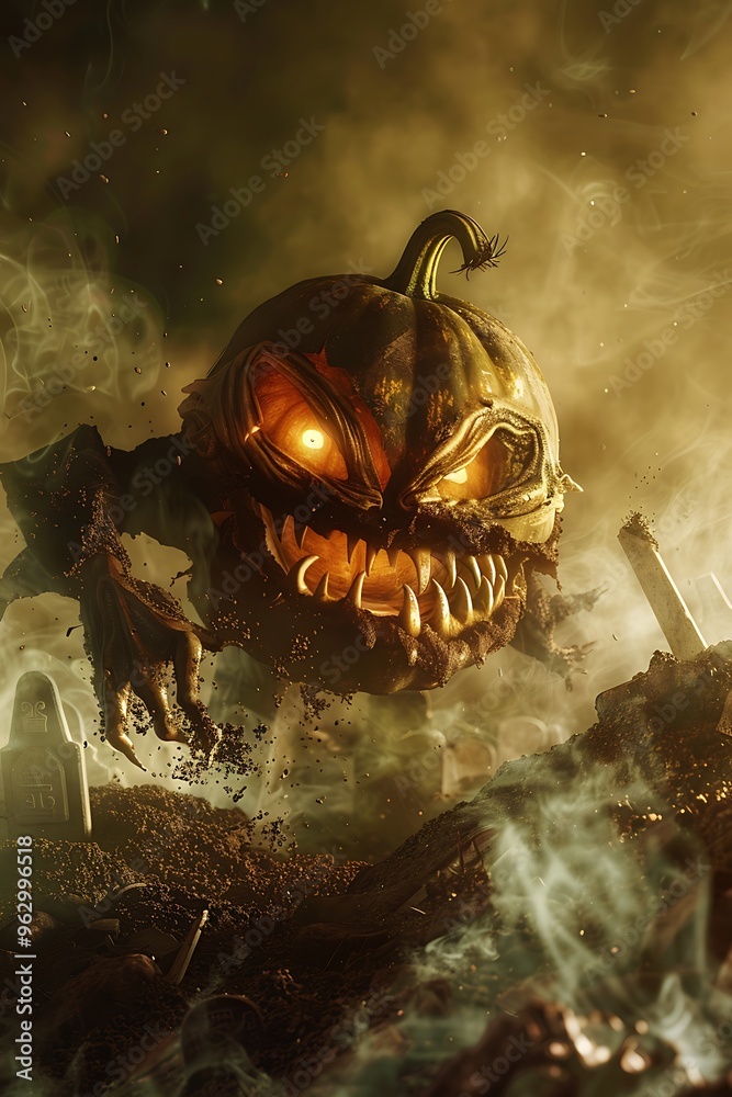 A grotesque pumpkin zombie breaking free from the soil, with jagged ...