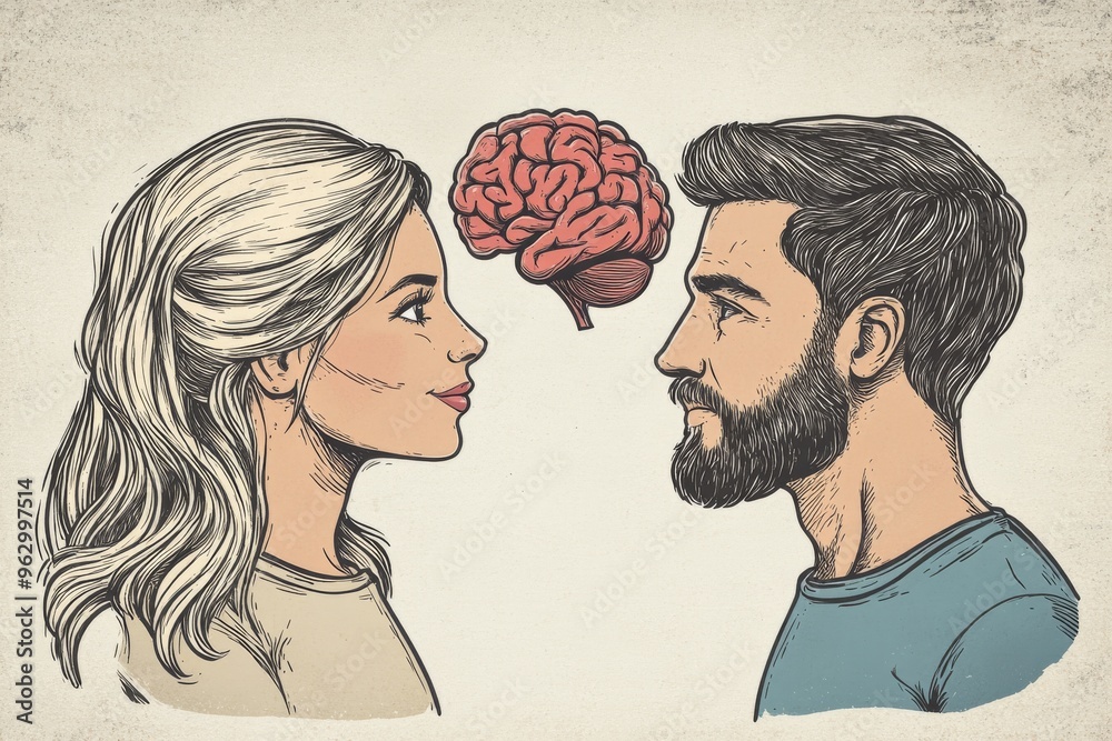 Mental force Brain processing Simple line illustration of a man and ...