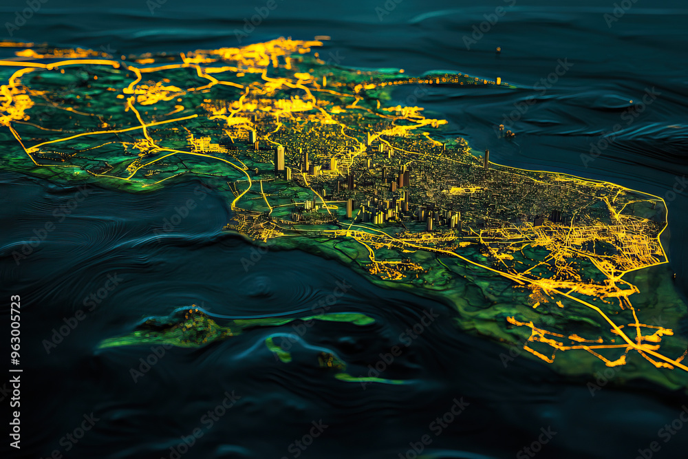 Technical aerial visual, 3D LiDAR GIS aerial map satellite scan model ...