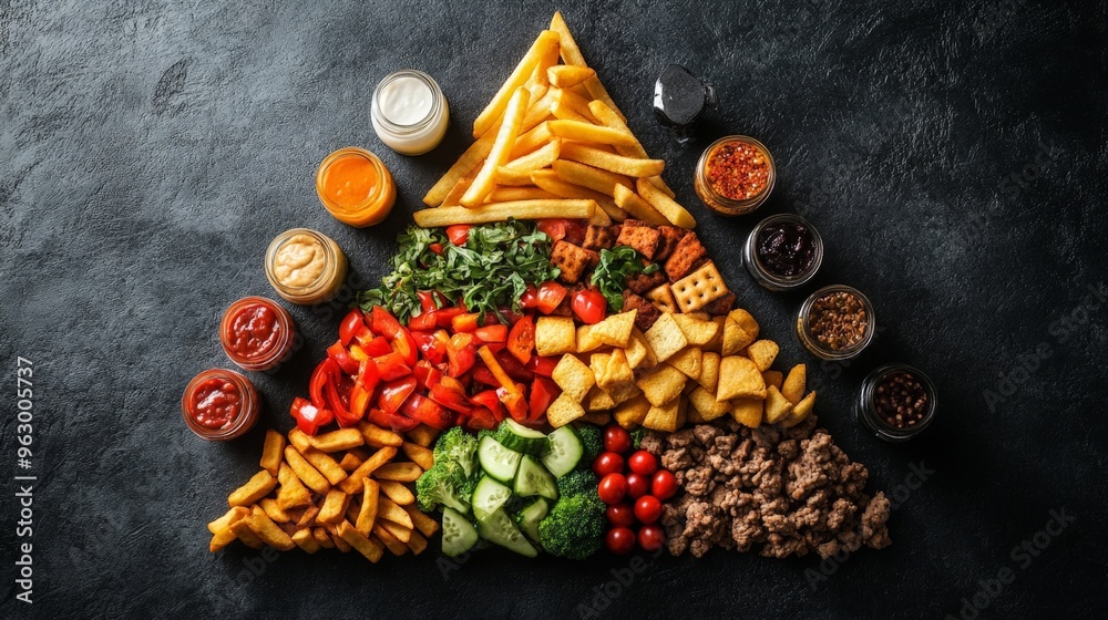 A food pyramid with the healthy food section on one side and the junk ...