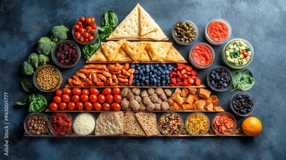 A food pyramid with the healthy food section on one side and the junk ...