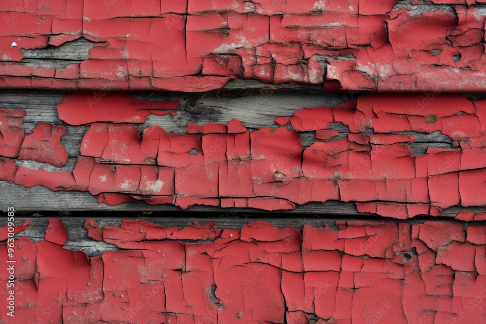 Weathered wooden surface with peeling red paint, revealing aged wood ...