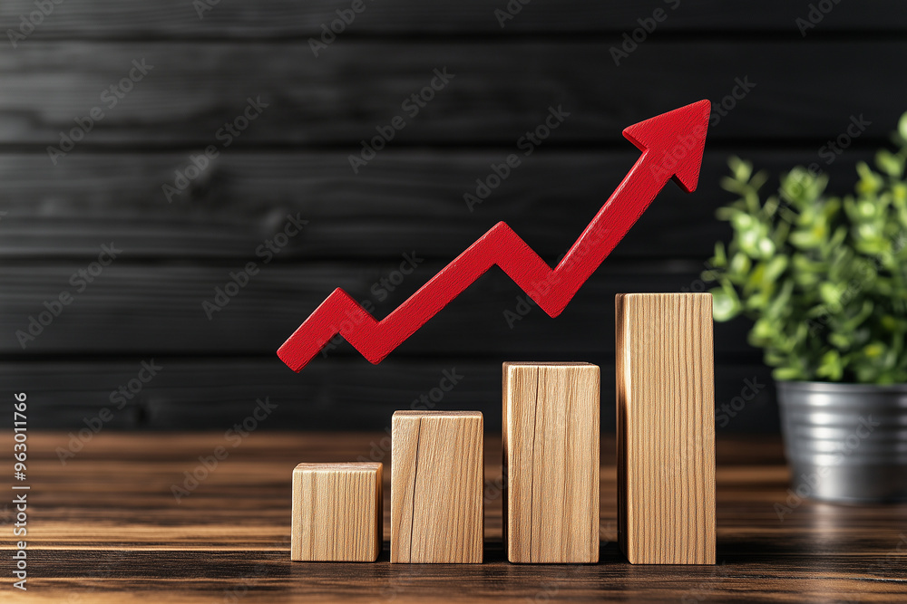 A rising red arrow in sales charts demonstrates the success of ...
