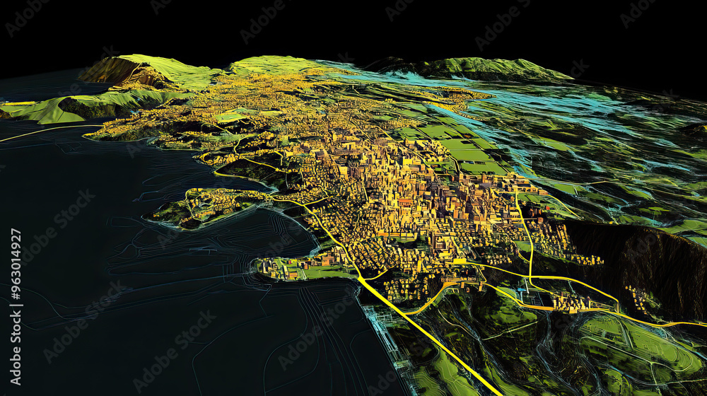 Technical aerial visual, 3D LiDAR GIS aerial map satellite scan model ...