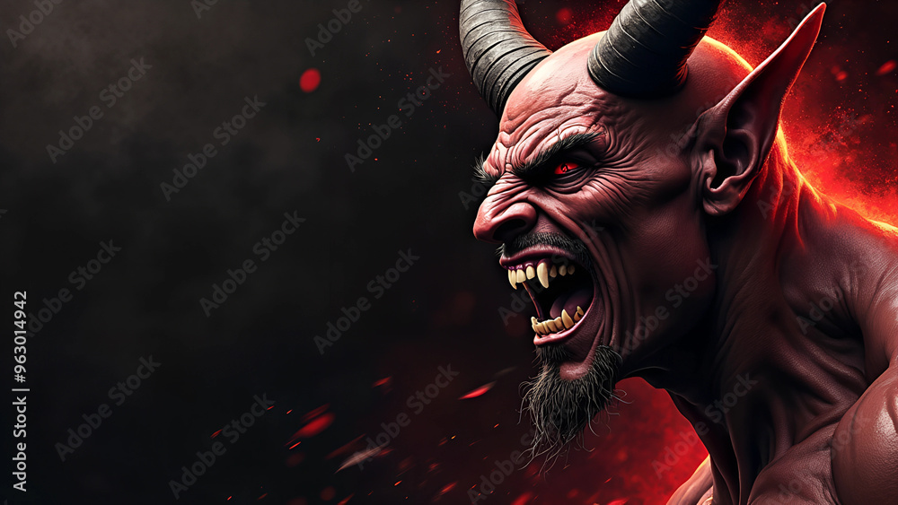 Angry devil profile with copy space for text - black background ...