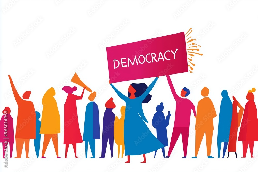Vibrant illustration of crowd holding signs and megaphones with ...