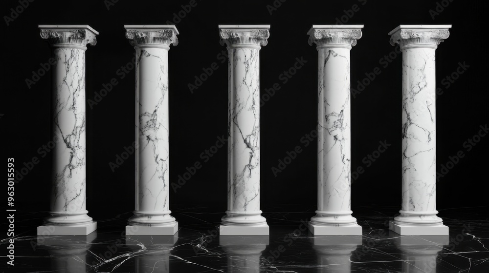 Five pristine white marble pillars standing in contrast against a solid ...