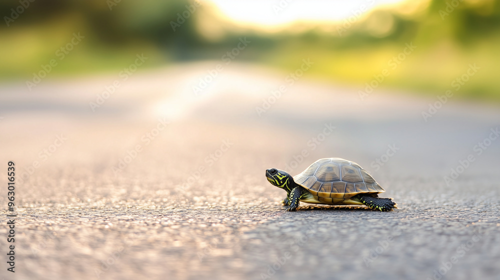 Road Caution: Turtle Crossing the Asphalt Road, Highlighting the Slow ...