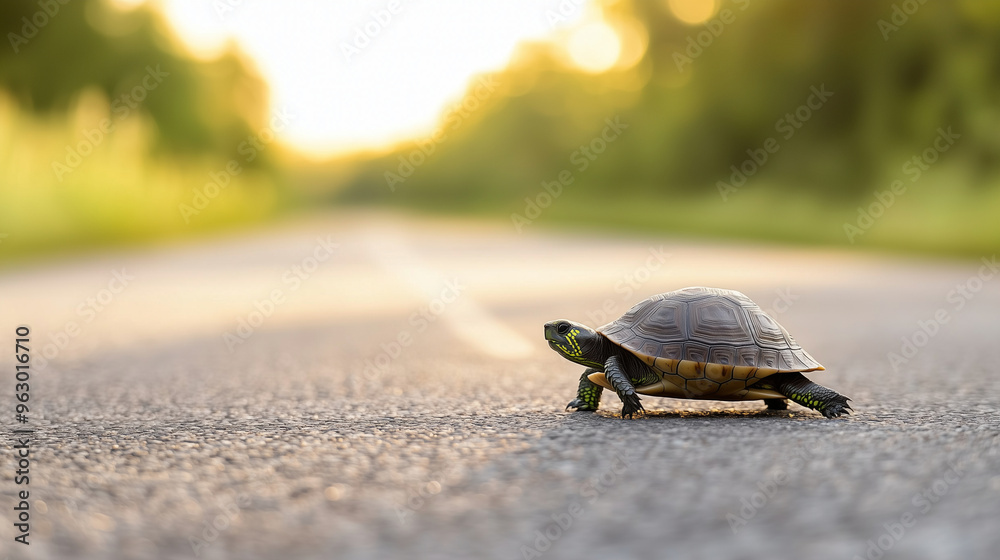 Road Caution: Turtle Crossing the Asphalt Road, Highlighting the Slow ...