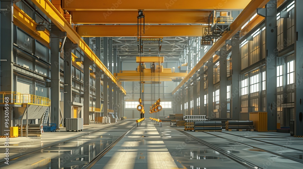 A visual of a warehouse with overhead cranes and conveyor belts in ...