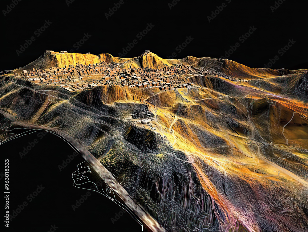 Technical aerial visual, 3D LiDAR GIS aerial map satellite scan model ...