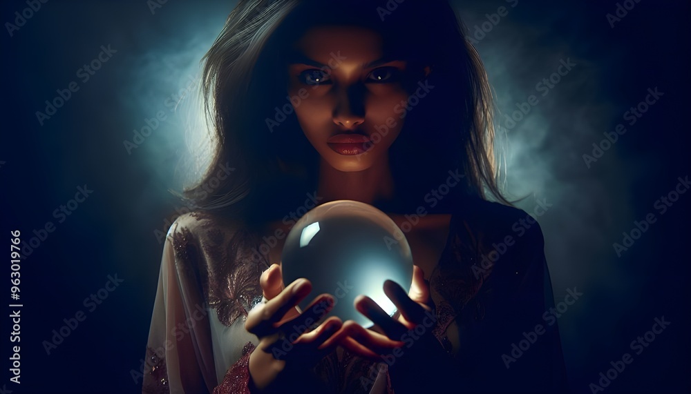 Mystic Woman Holding Illuminated Crystal Ball at Night with Intense ...