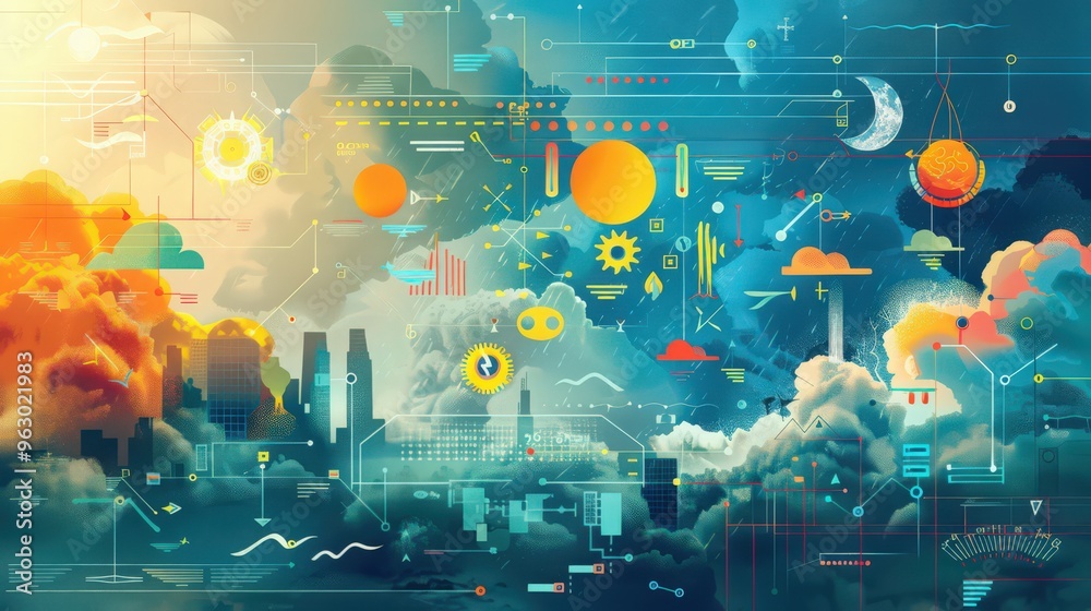 Artistic representation of a weather map, illustrating the symbols and ...