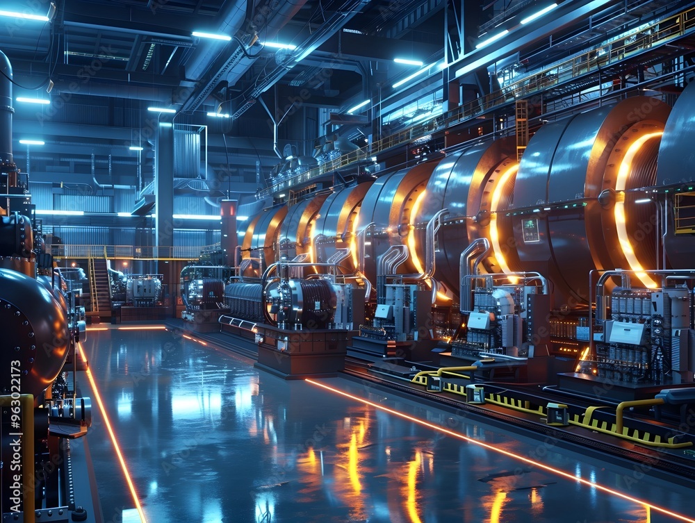 Massive Electric Generators Powering an Industrial Factory with Visible ...