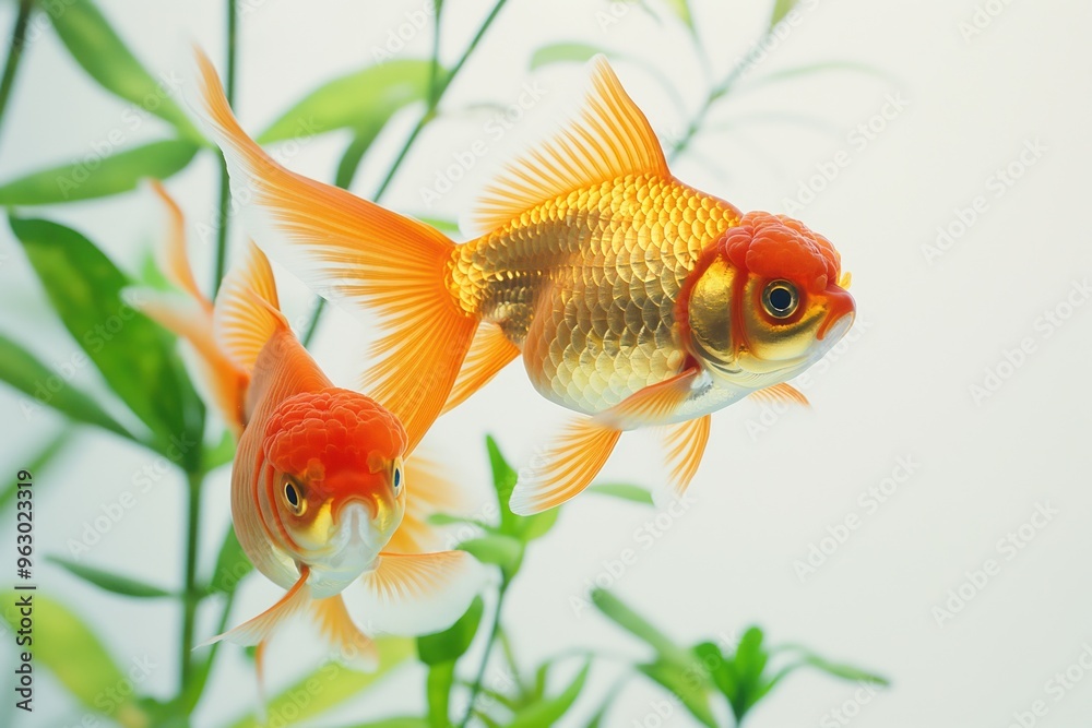 Oranda goldfish swim in clear glass aquarium with green plants. Fish ...