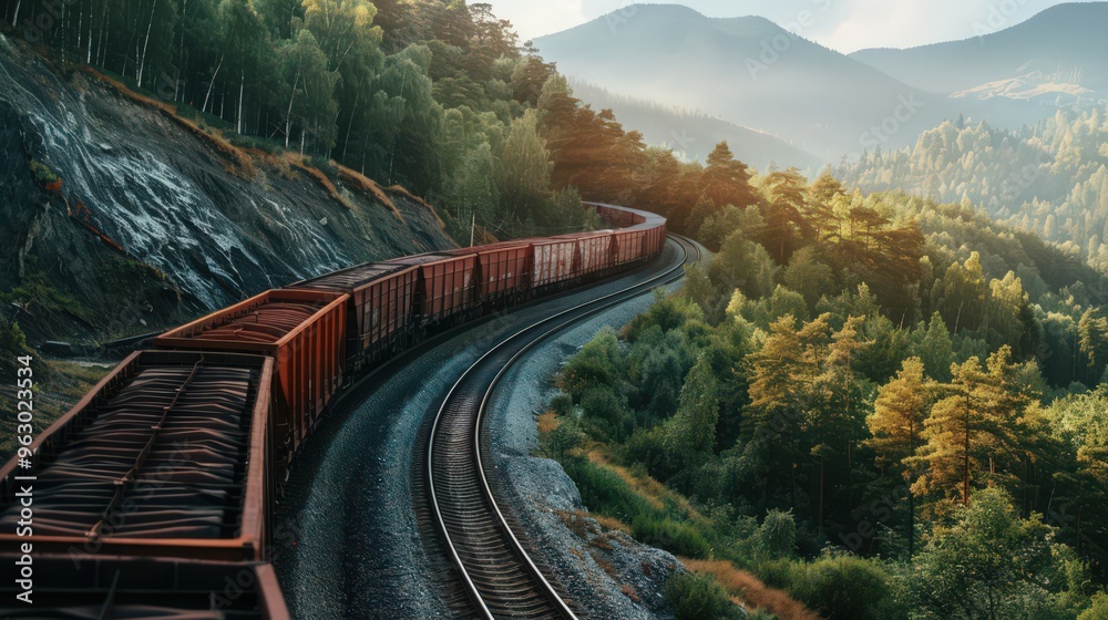 Visualize a cargo train navigating a sharp bend in the track, with a ...