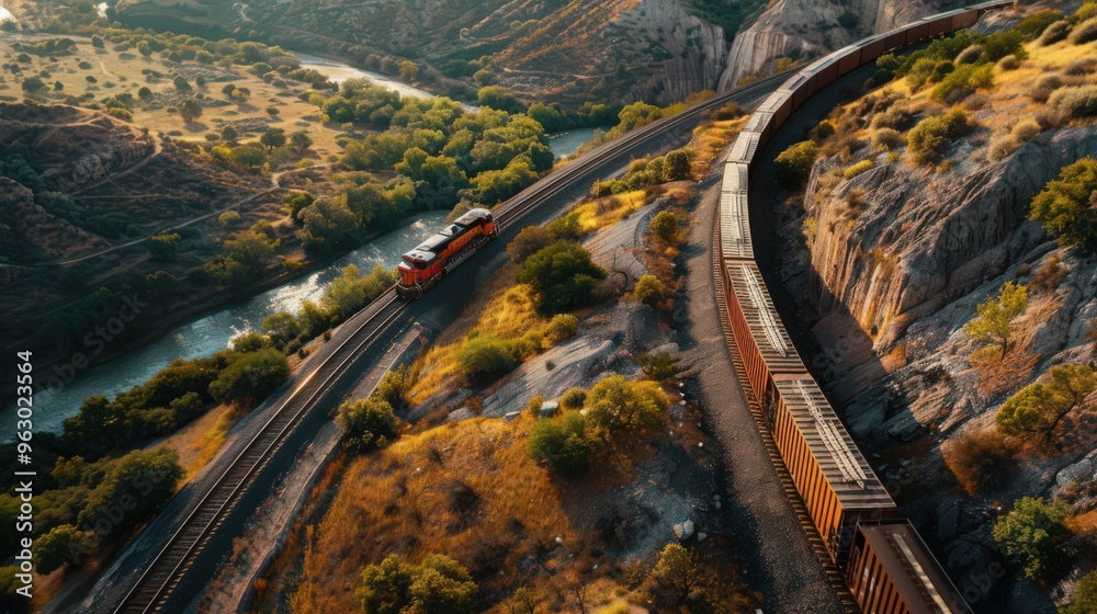 Visualize a cargo train navigating a sharp bend in the track, with a ...