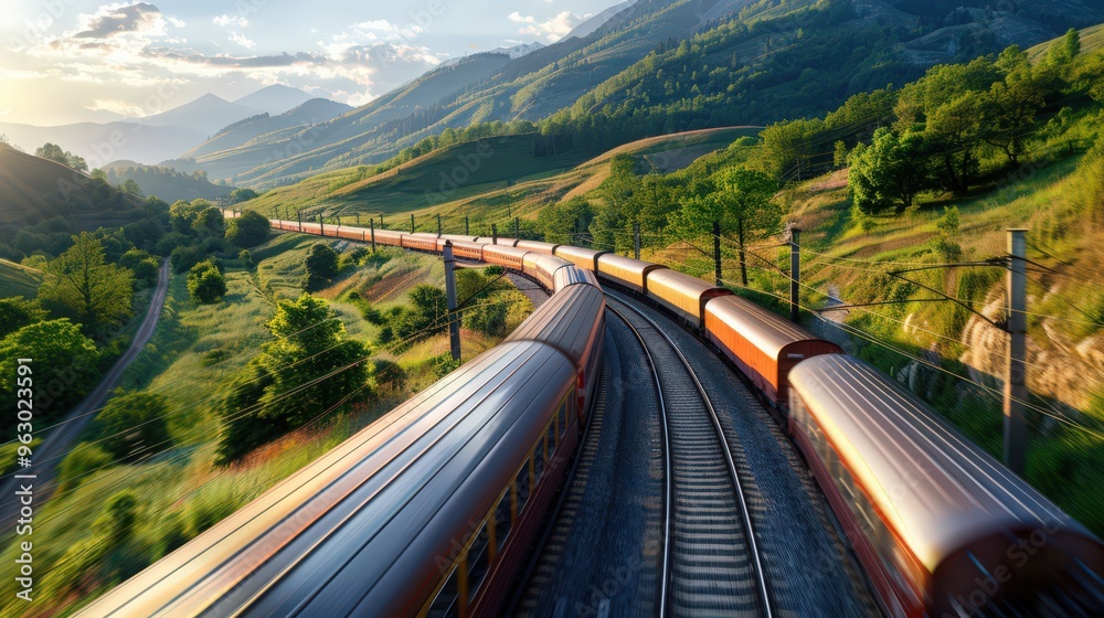 Visualize a cargo train navigating a sharp bend in the track, with a ...