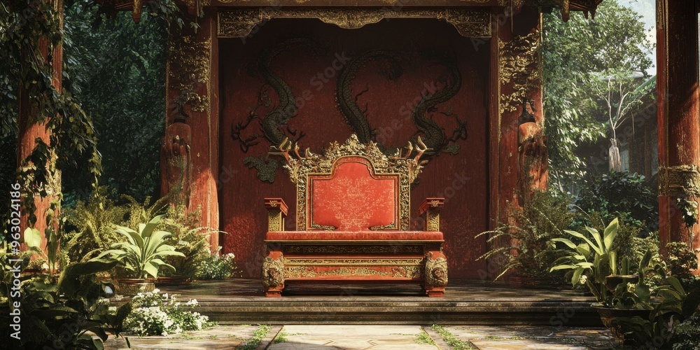 Ornate throne in a jungle setting. Stock Illustration | Adobe Stock