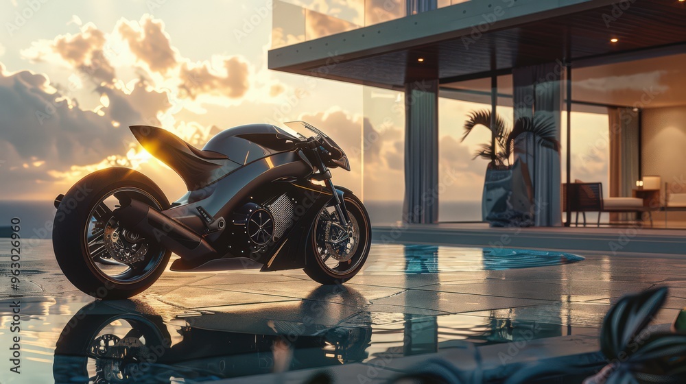 Visualize a motorcycle with a sleek, streamlined design parked at a ...