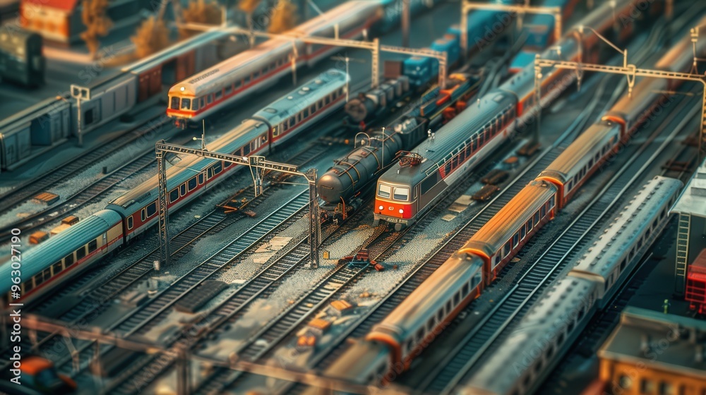 Visualize a passenger train at a bustling railway junction, with ...
