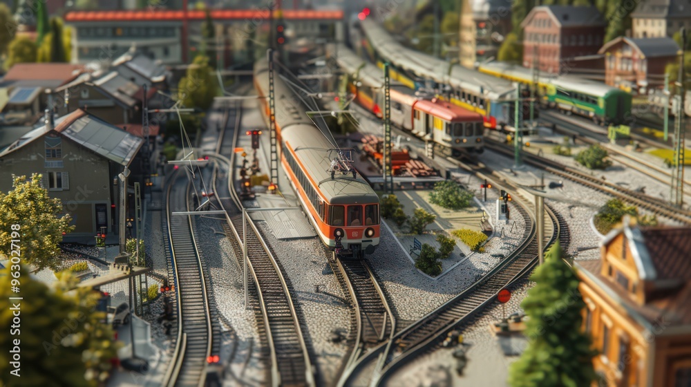 Visualize a passenger train at a bustling railway junction, with ...