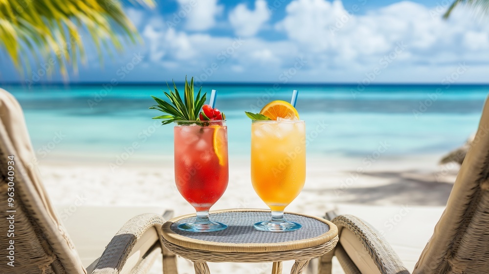 pair of cocktails with tropical garnishes, placed on a small table ...