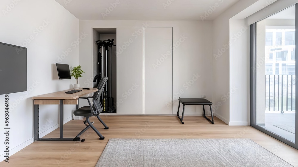 Living room with a hidden gym setup and compact desk, modern and ...