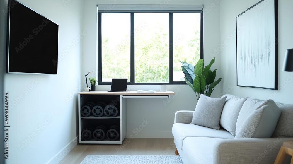 Living room with a hidden gym setup and compact desk, modern and ...
